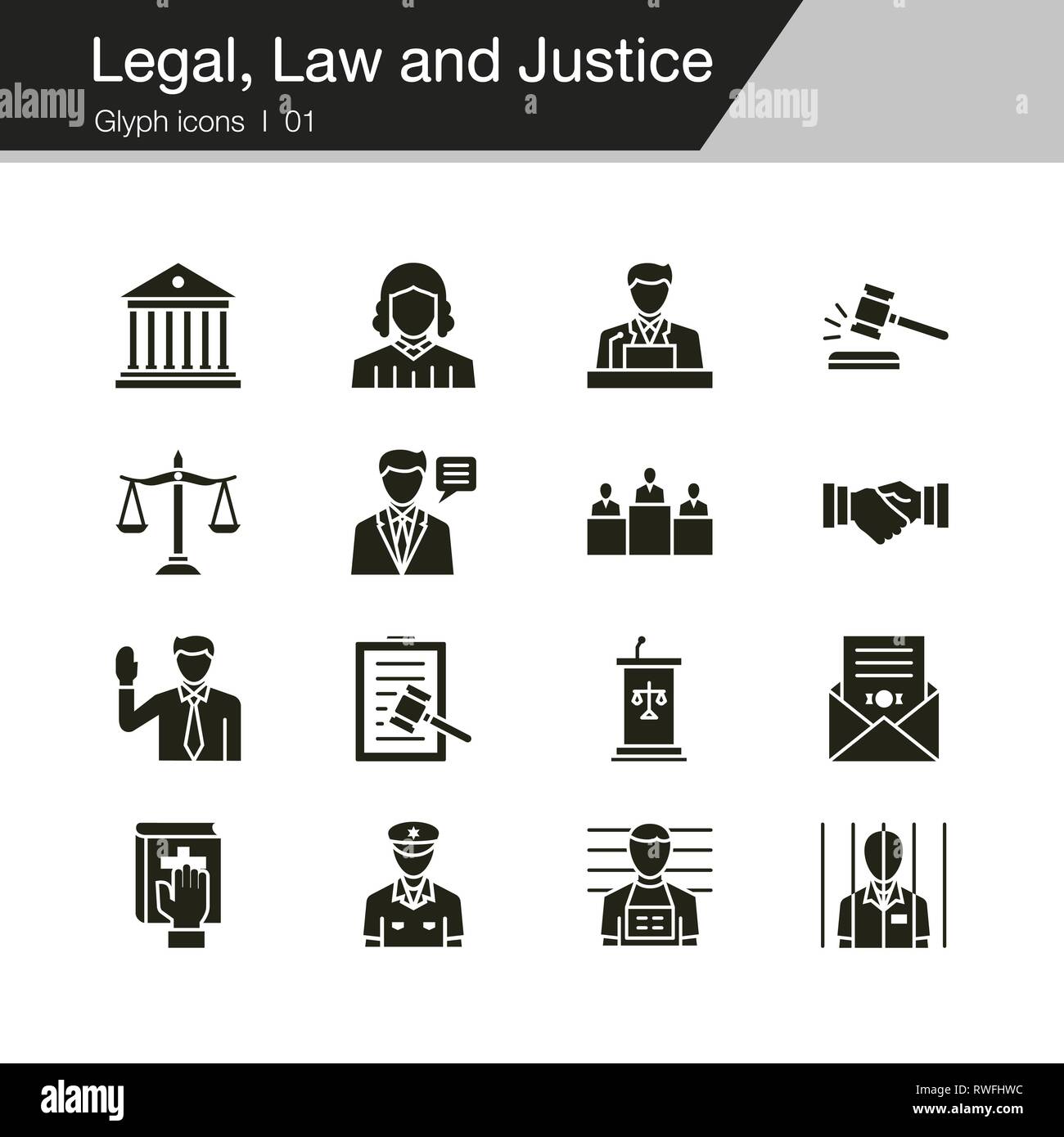 Legal, Law and Justice icons. Glyph design. For presentation, graphic ...