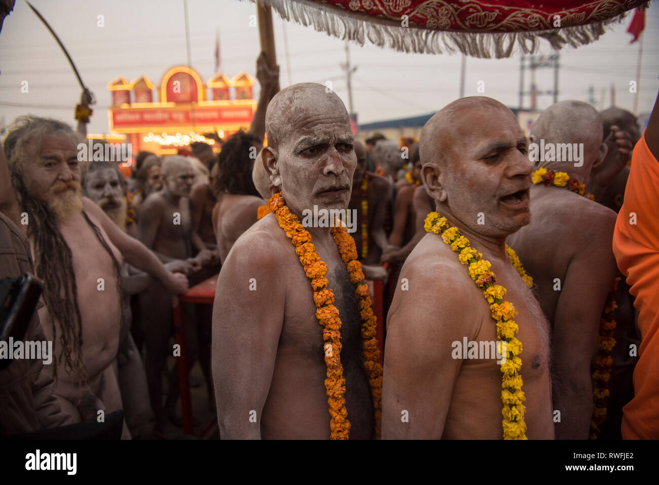 Allahabad / India 3 February 2019 Naga baba sadhus going toward the ...