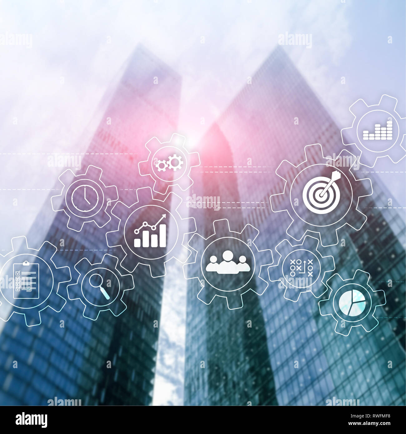 Business process automation concept. Gears and icons on abstract ...