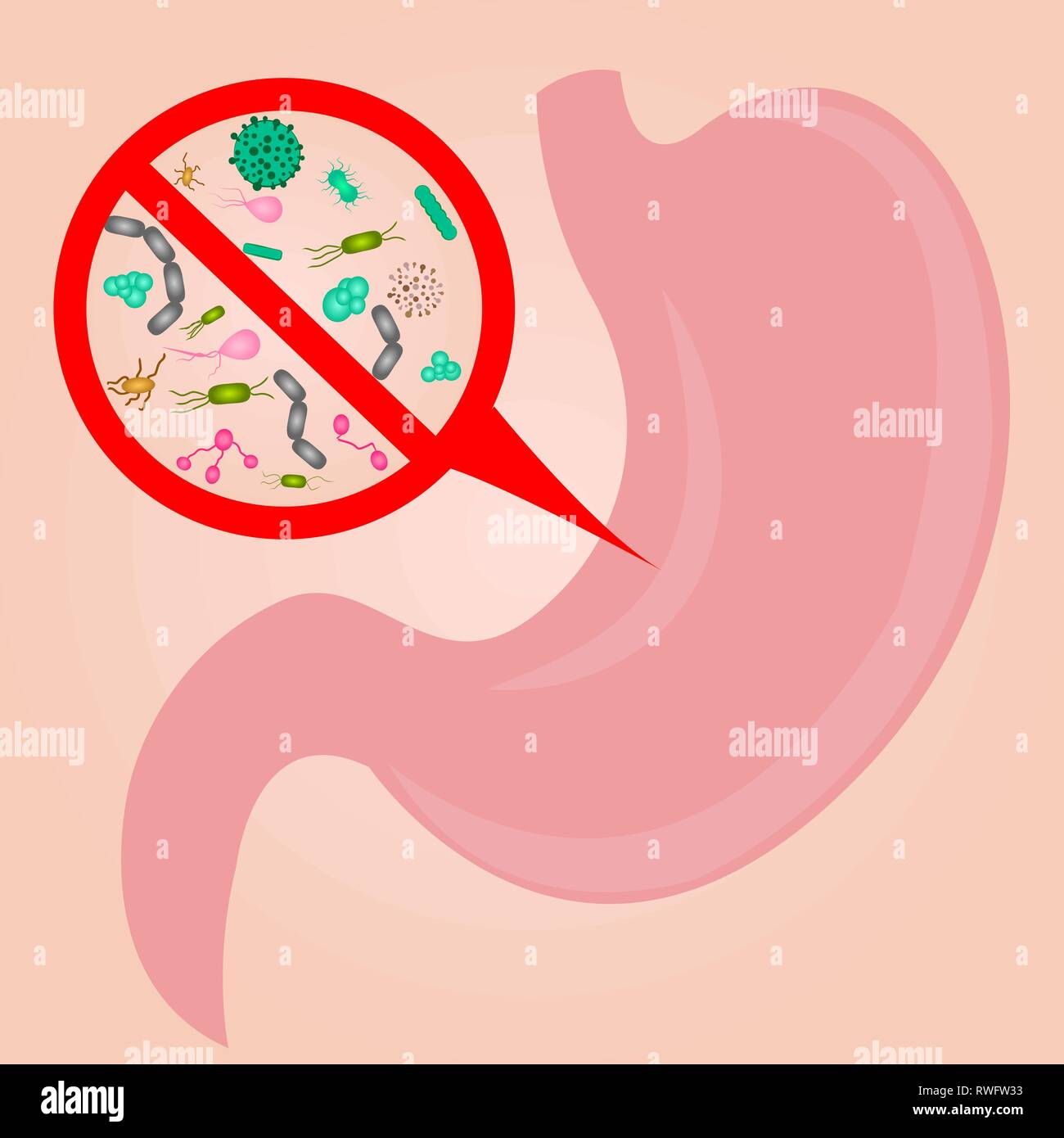 Stop microbes in stomach sign vector illustration in cartoon style ...