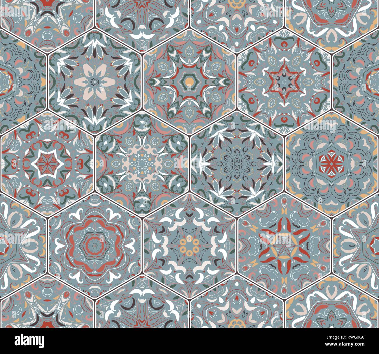 Bright seamless pattern of hexagonal tiles with vintage ornament ...