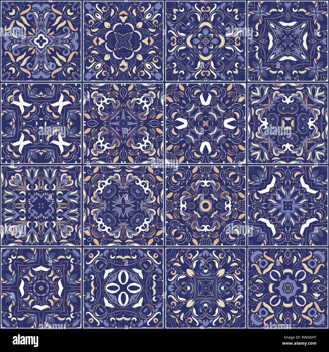 A collection of ceramic tiles in blue colors. A set of square patterns ...