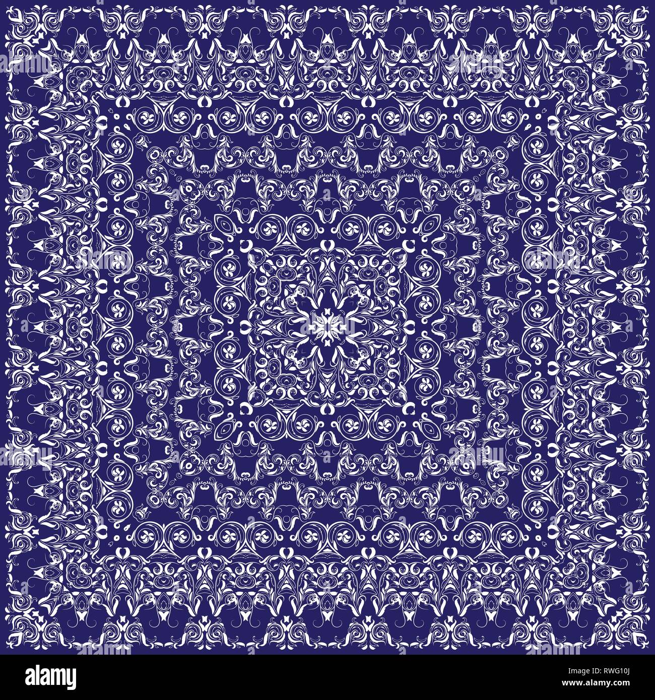 Blue handkerchief with white ornament. Square ornament for print on ...