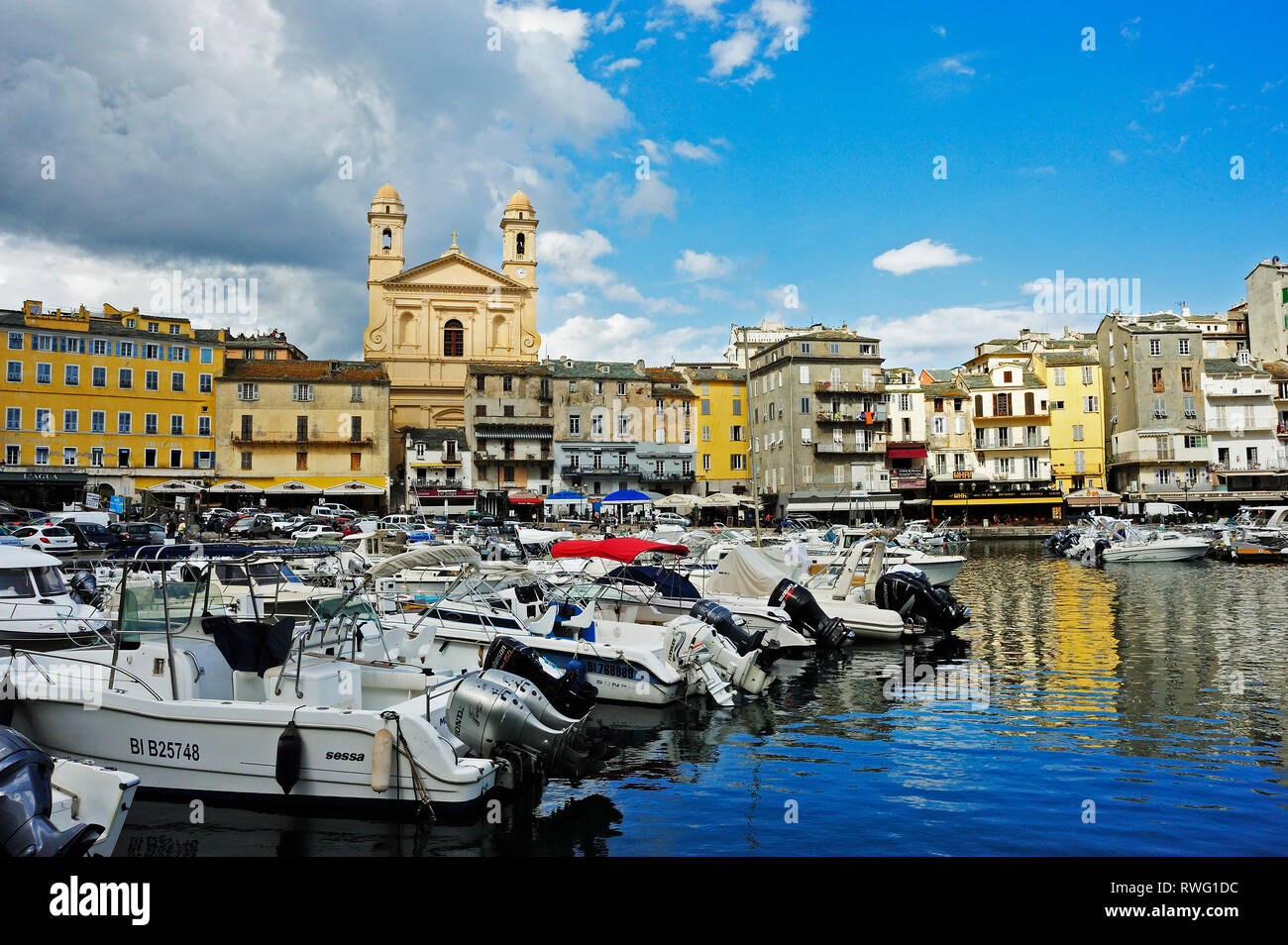 Old Port with St Jean Baptiste Cathedral, Bastia, Corsica, France Stock ...