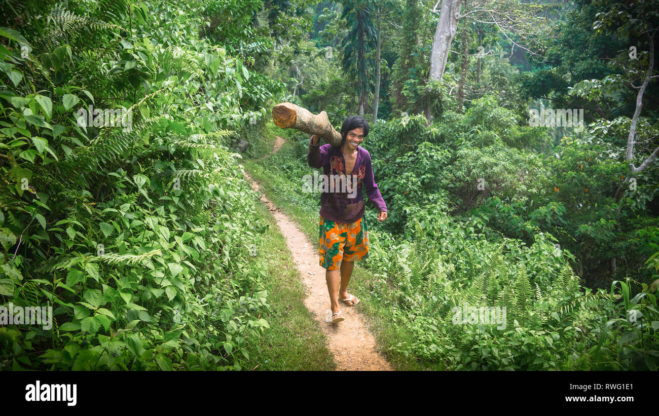 Smiling Filipino Man Balancing a Heavy Log on His Shoulder, Hiking on ...