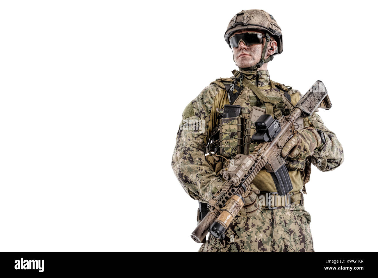 Half length portrait of special forces soldier in field uniform with ...