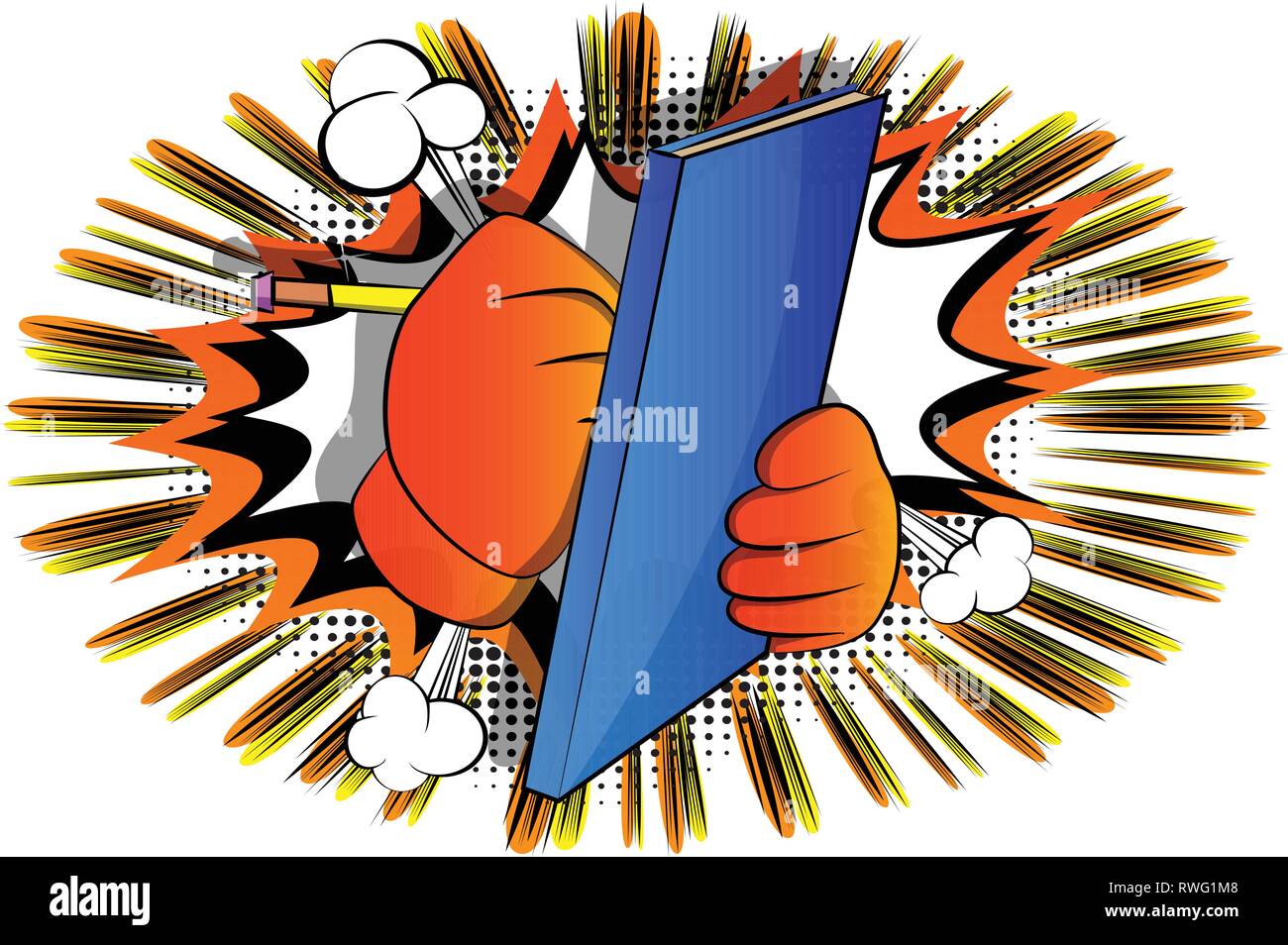 Vector cartoon hand writing with pencil on a books cover. Illustrated ...