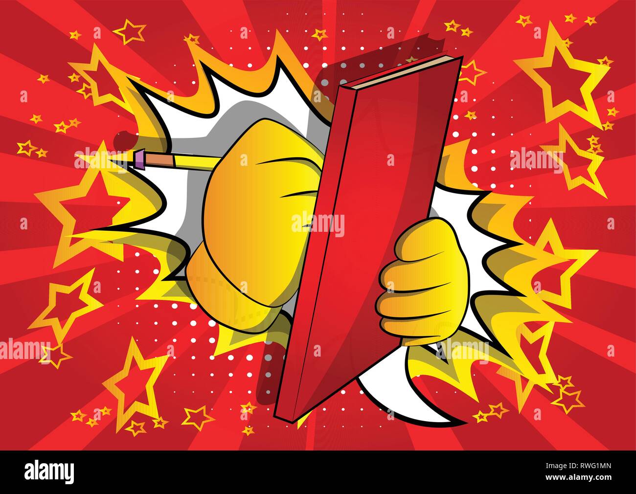 Vector cartoon hand writing with pencil on a books cover. Illustrated ...