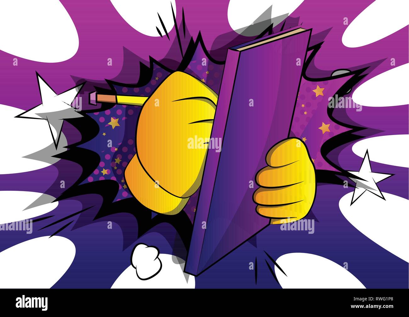 Vector cartoon hand writing with pencil on a books cover. Illustrated ...