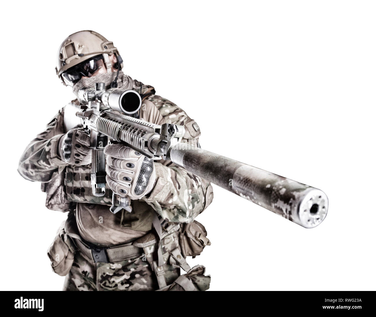 Half length portrait of muscular soldier in field uniform with sniper ...