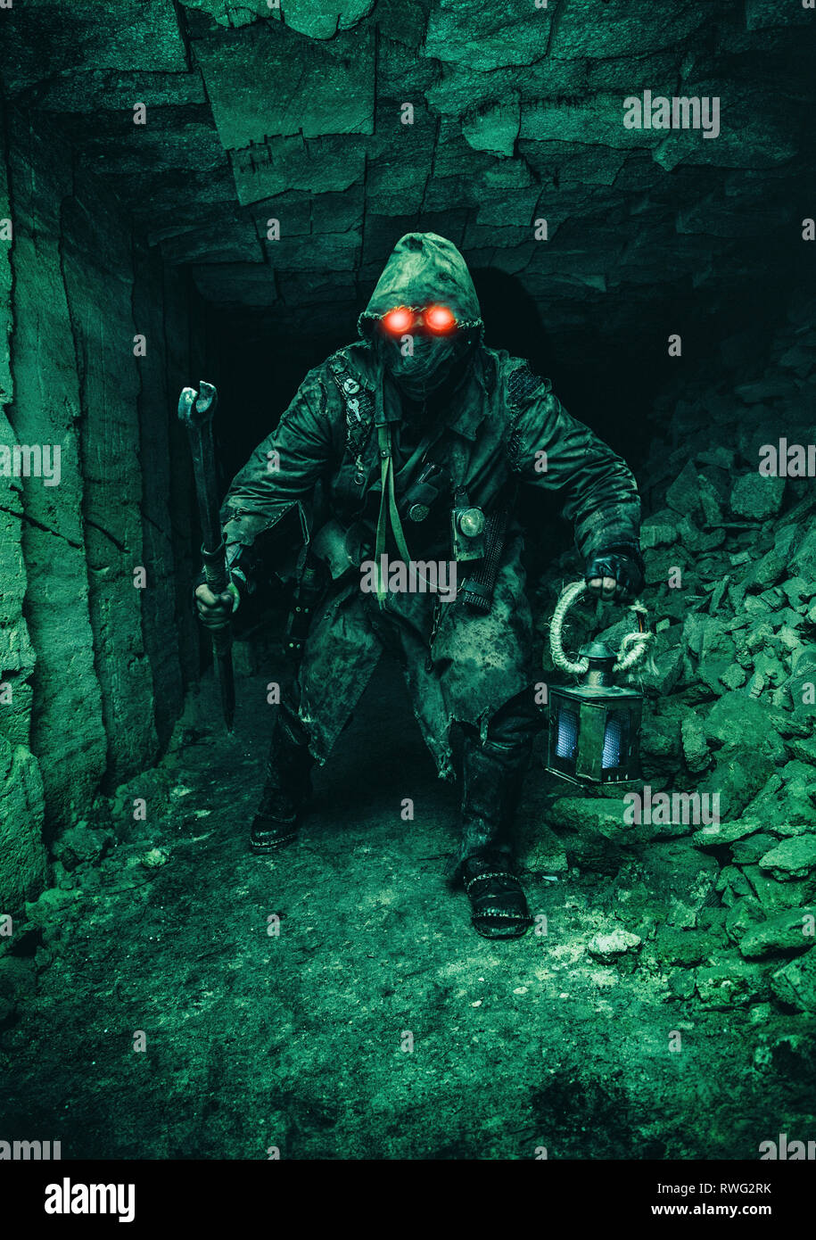 Underground post apocalyptic creature with homemade weapons and lantern ...