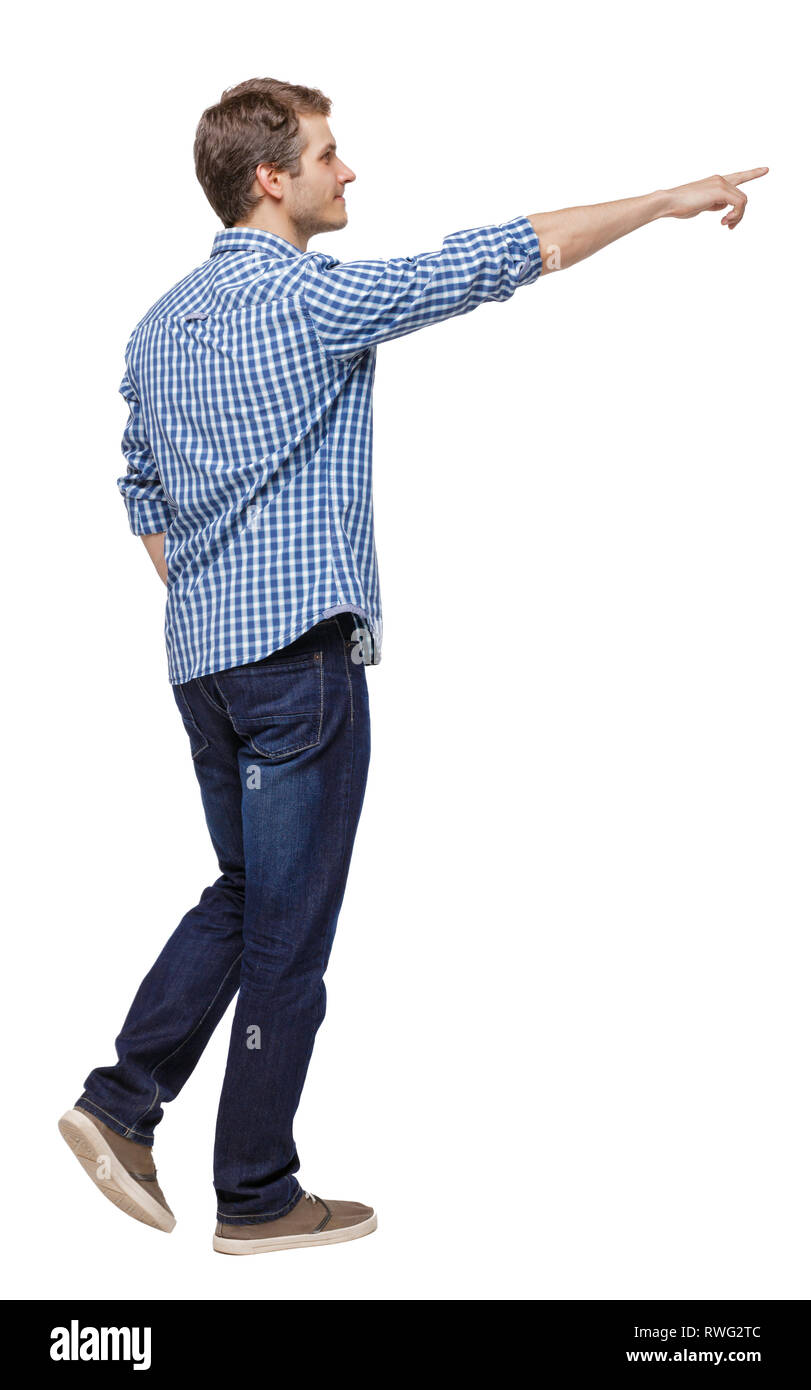 Back view of a man walking with a pointing hand. going guy showing ...