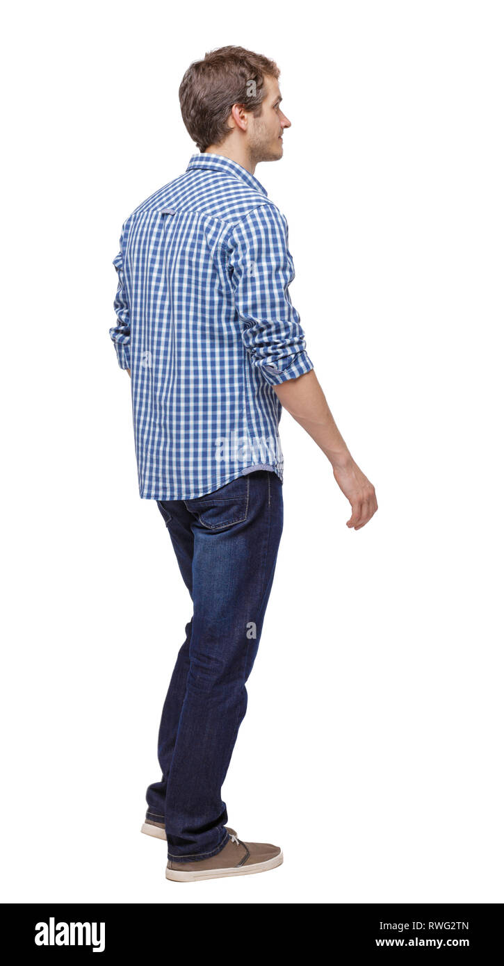 Side view of going handsome man. walking young guy . Rear view people ...