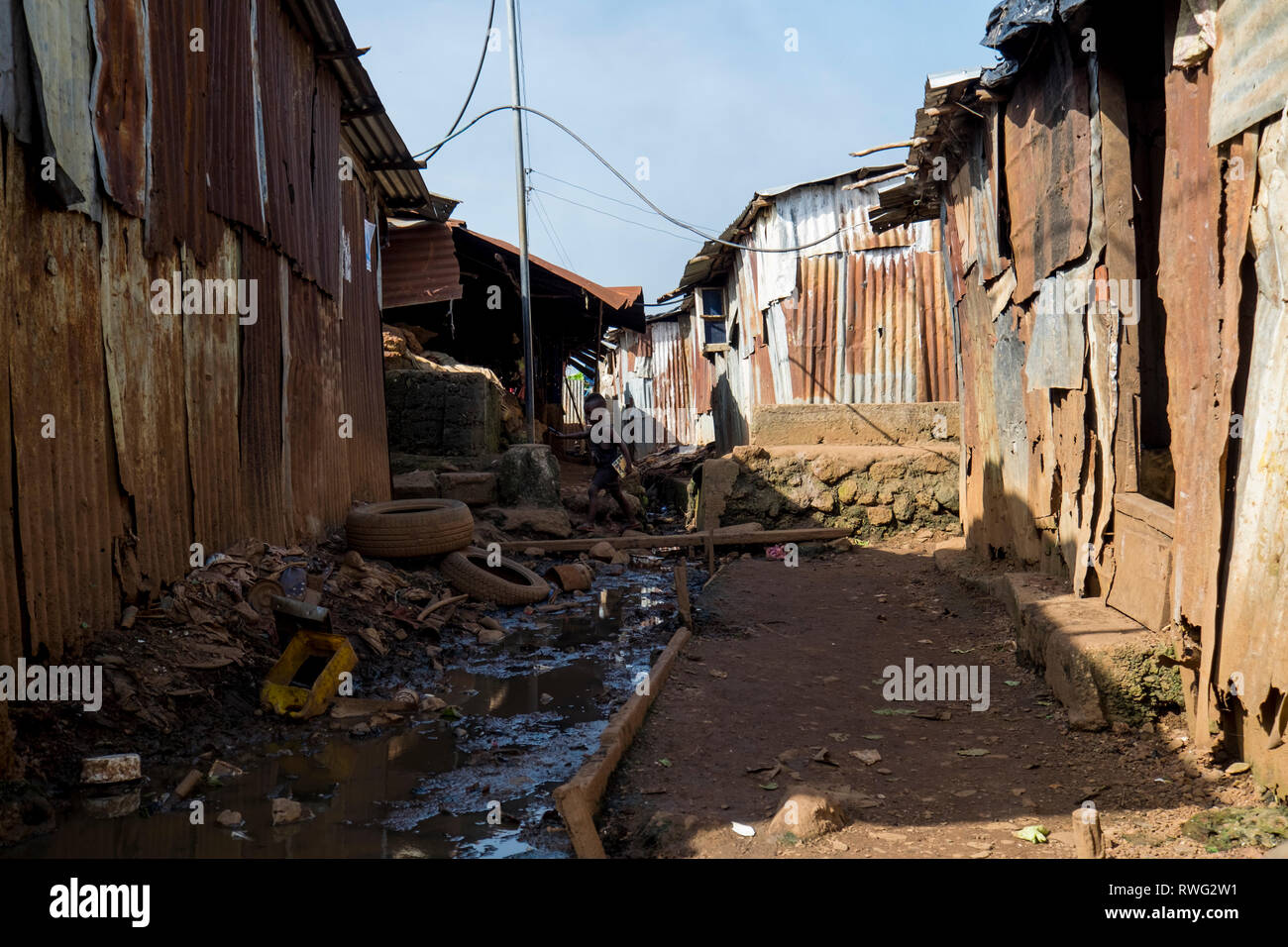 Kroo Bay, one of the worst slums in Freetown, Sierra Leone. The muddy ...