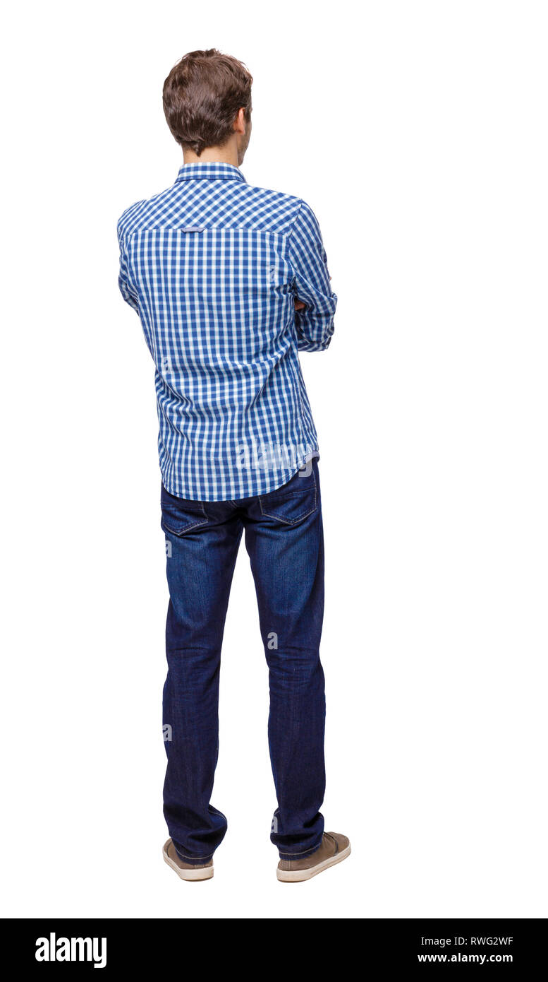 Back view of man in dark jeans. Standing young guy. Rear view people ...