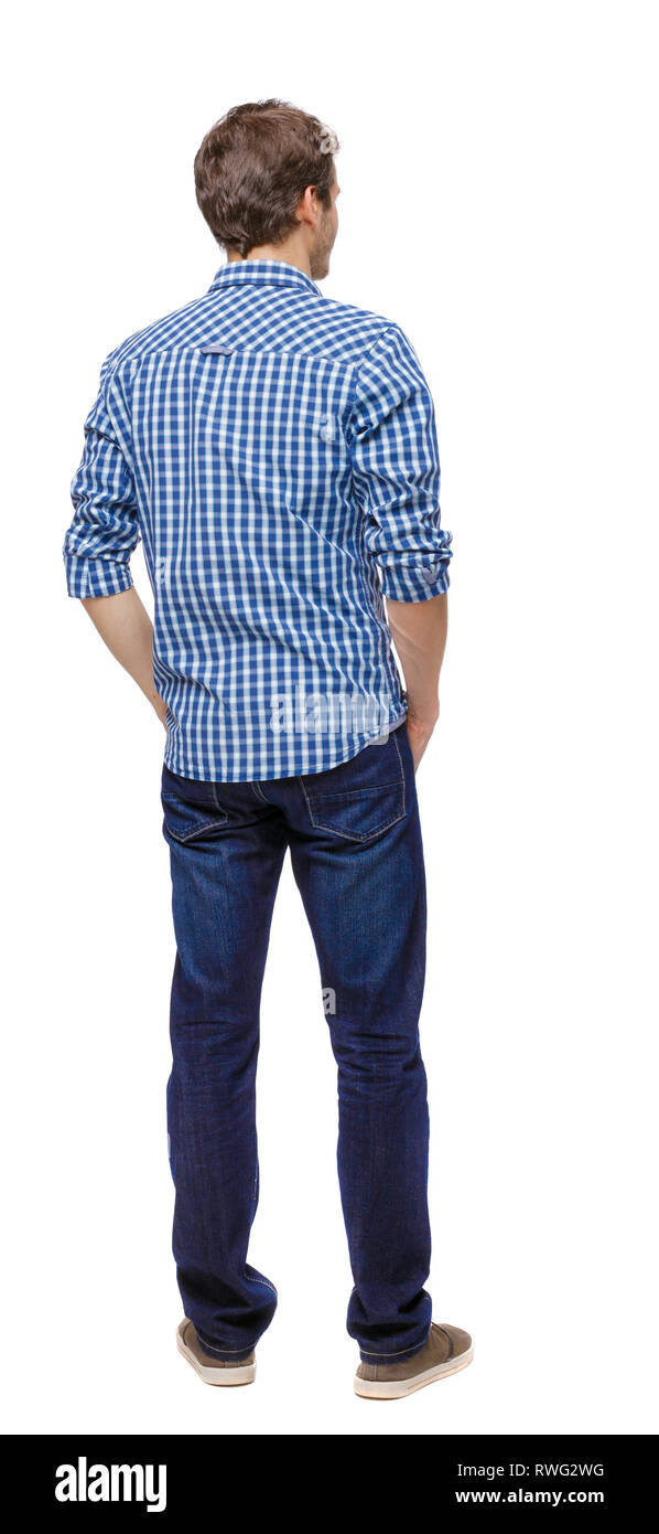 Back view of man in dark jeans. Standing young guy. Rear view people ...
