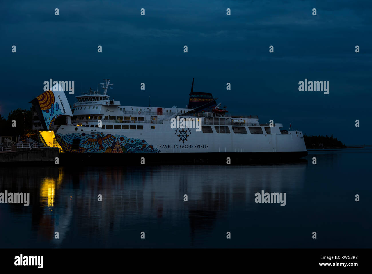 Chi-Cheemun ferry at Tobermory terminal, showing front access door open ...