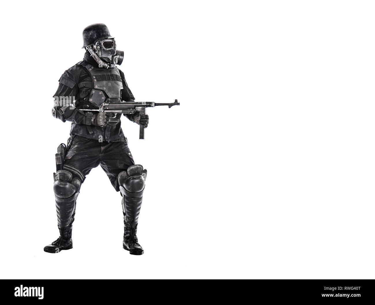 Full length portrait of a futuristic Nazi soldier with submachine gun ...