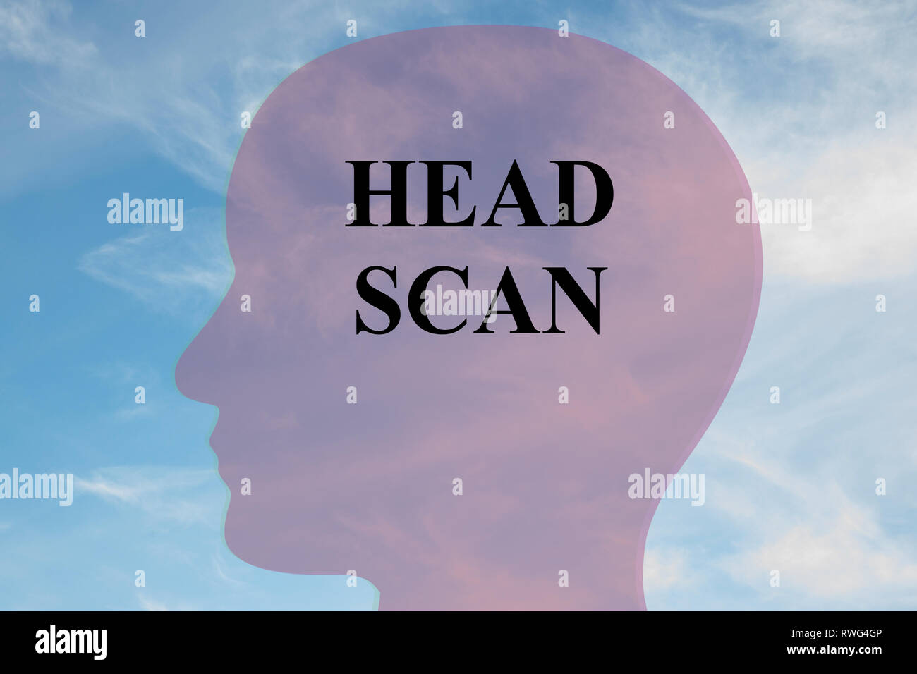 Render illustration of HEAD SCAN title on head silhouette, with cloudy ...