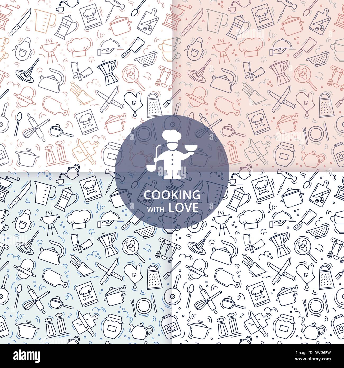 Set of four seamless patterns on the kitchen theme with a variety of ...