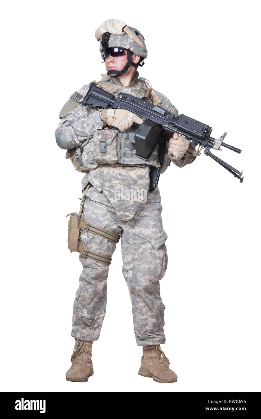 Full length portrait of U.S. Army soldier with light machine gun Stock ...