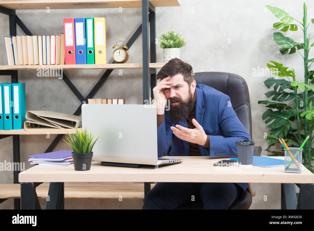 stressed of work businessman in formal outfit. stressed man use laptop ...