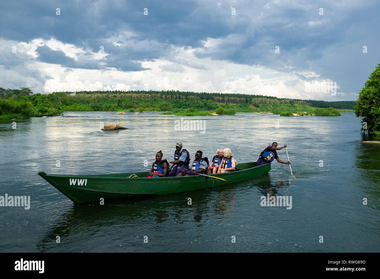 Tourist boat at Wildwaters Lodge on the Upper Nile, Kalagala, Uganda ...