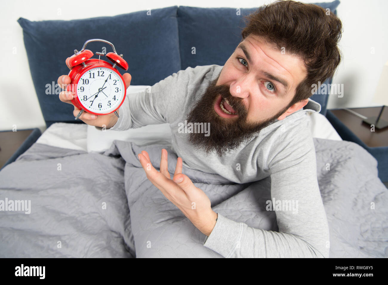 Tips for waking up early. Man bearded hipster sleepy face waking up ...