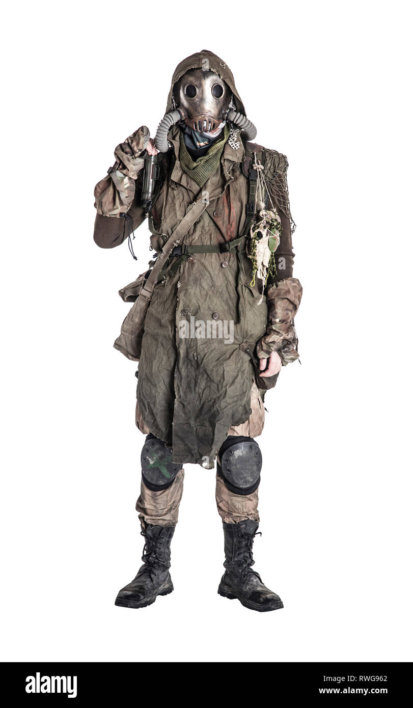 Terrifying post apocalyptic creature dressed in tattered rags and full ...