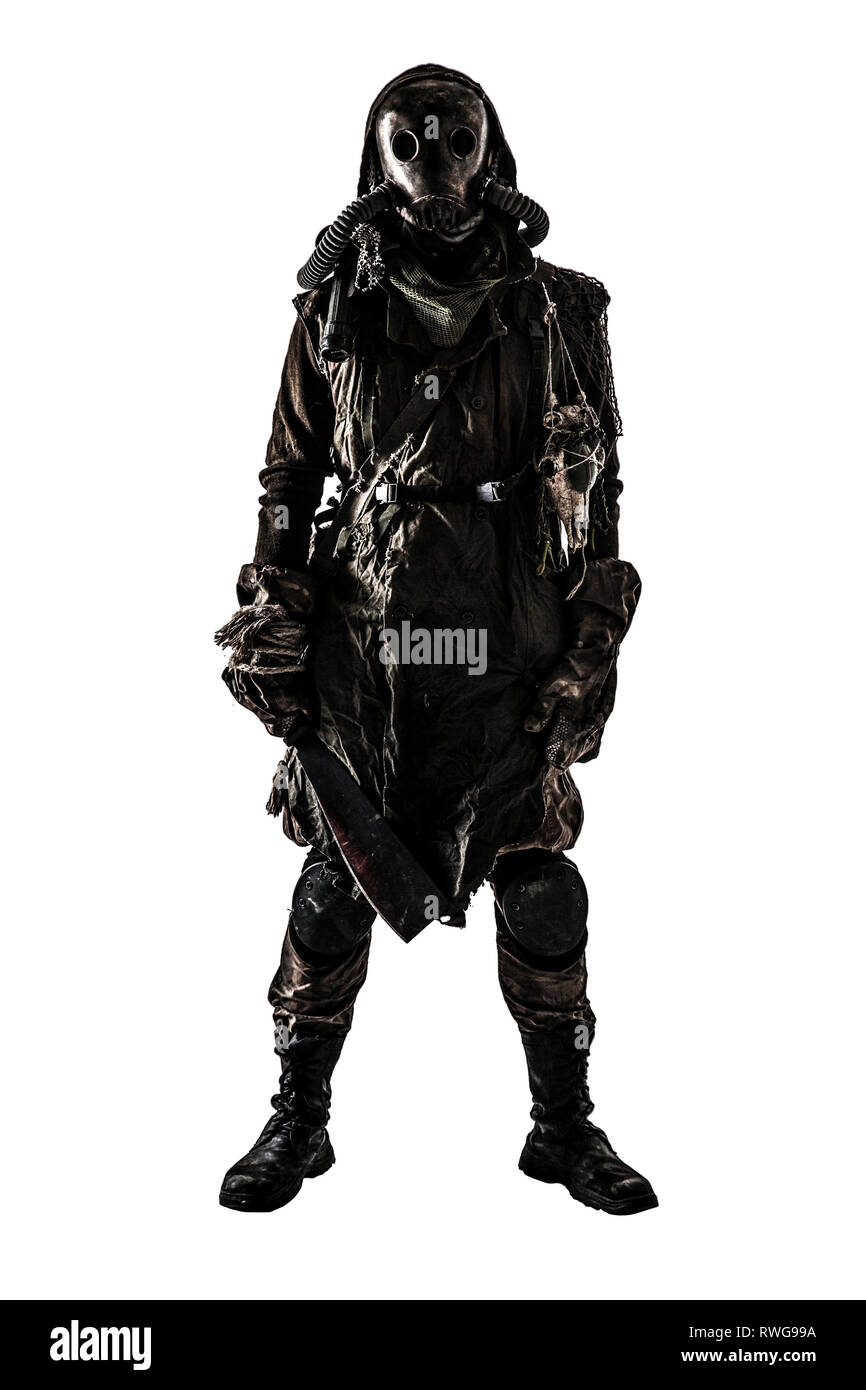 Terrifying post apocalyptic creature dressed in tattered rags and full ...