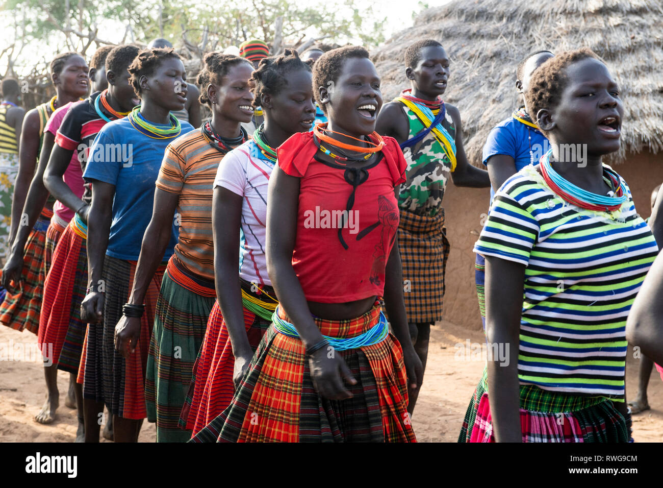 Traditional Karamojong dancing in a village, northern Uganda Stock ...