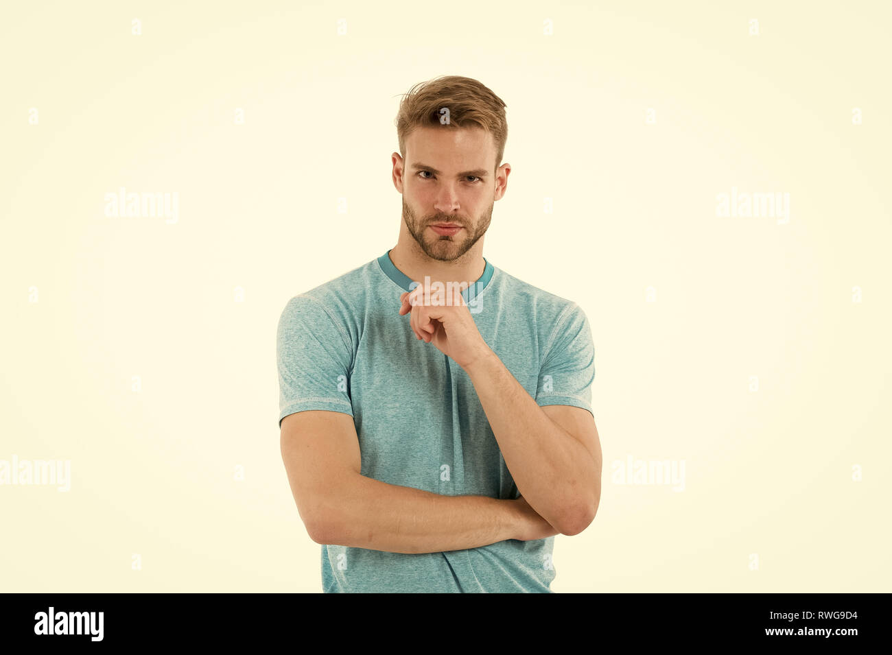 Making decision. Man bristle serious face making decision, white ...