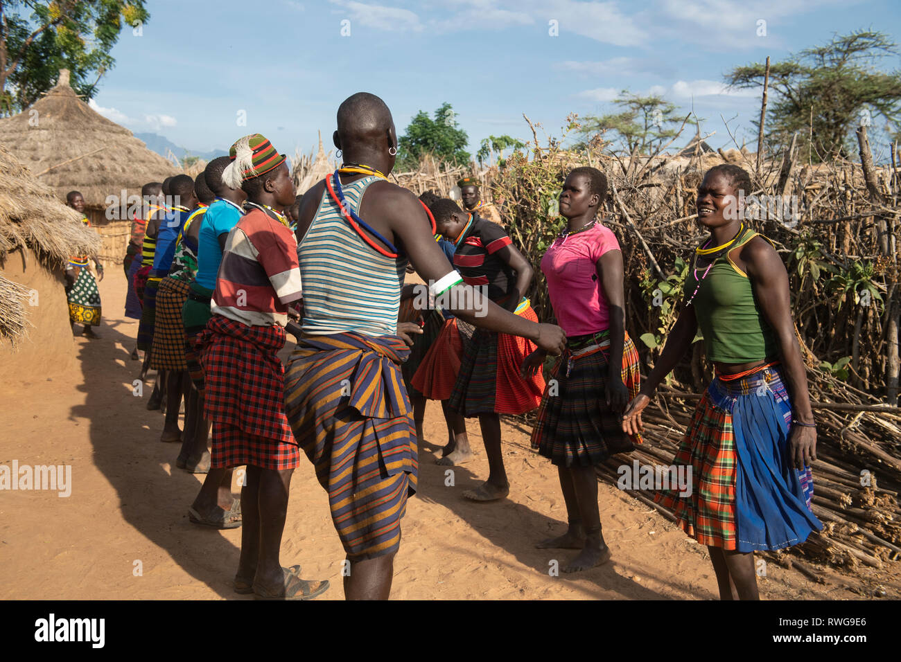 Traditional Karamojong dancing in a village, northern Uganda Stock ...