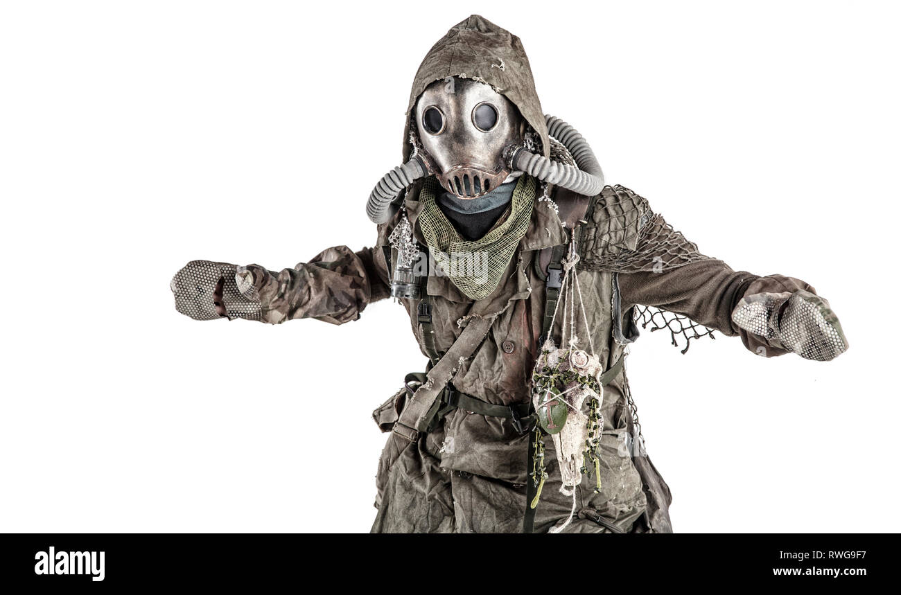Terrifying post apocalyptic creature wearing tattered rags and full ...