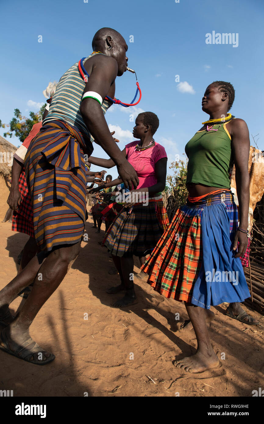Traditional Karamojong dancing in a village, northern Uganda Stock ...