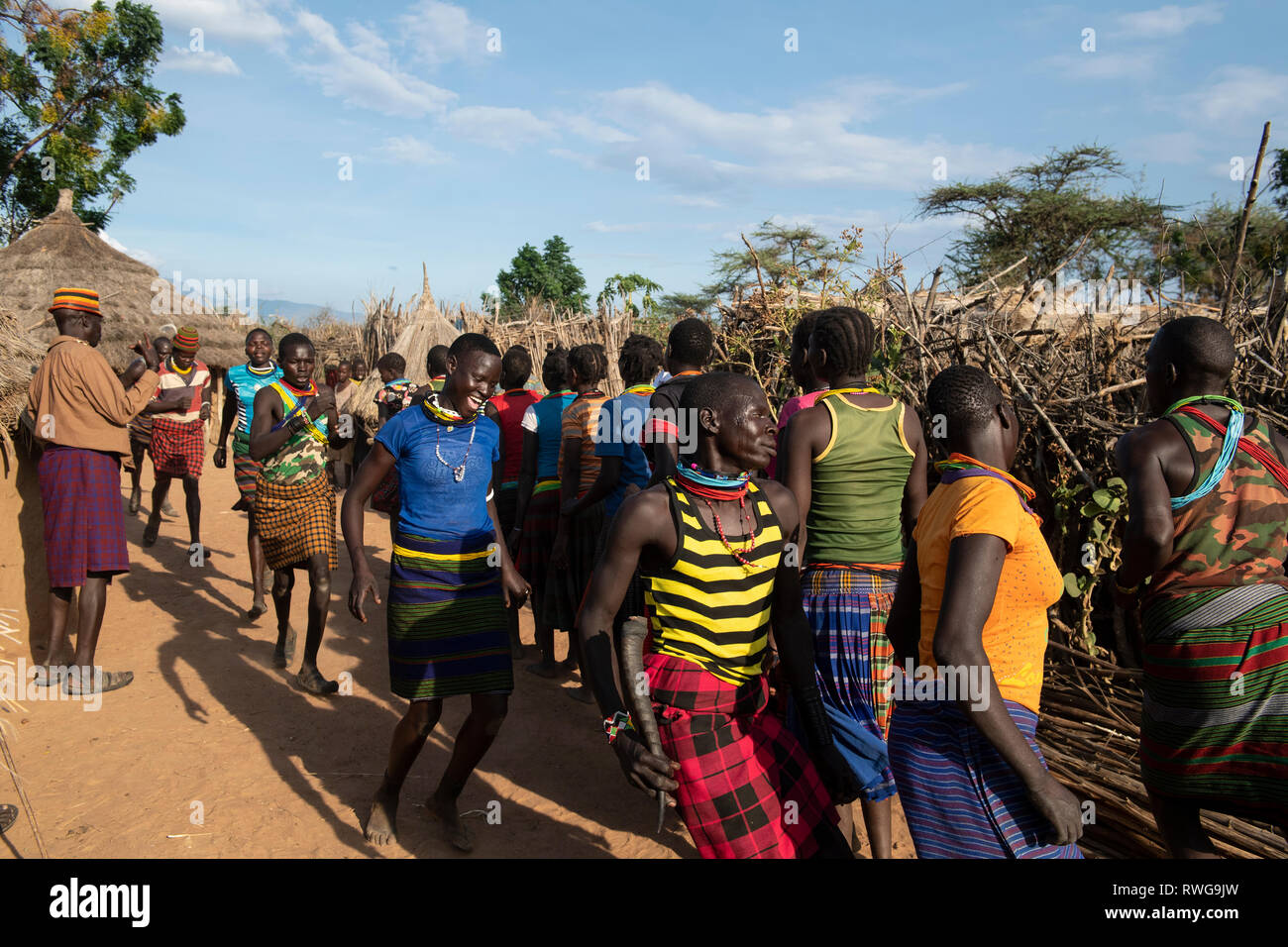 Traditional Karamojong dancing in a village, northern Uganda Stock ...