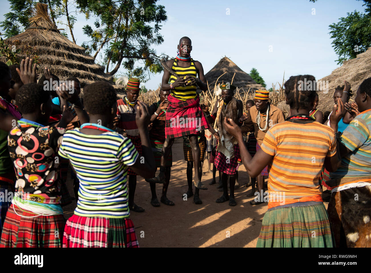 Traditional Karamojong dancing in a village, northern Uganda Stock ...