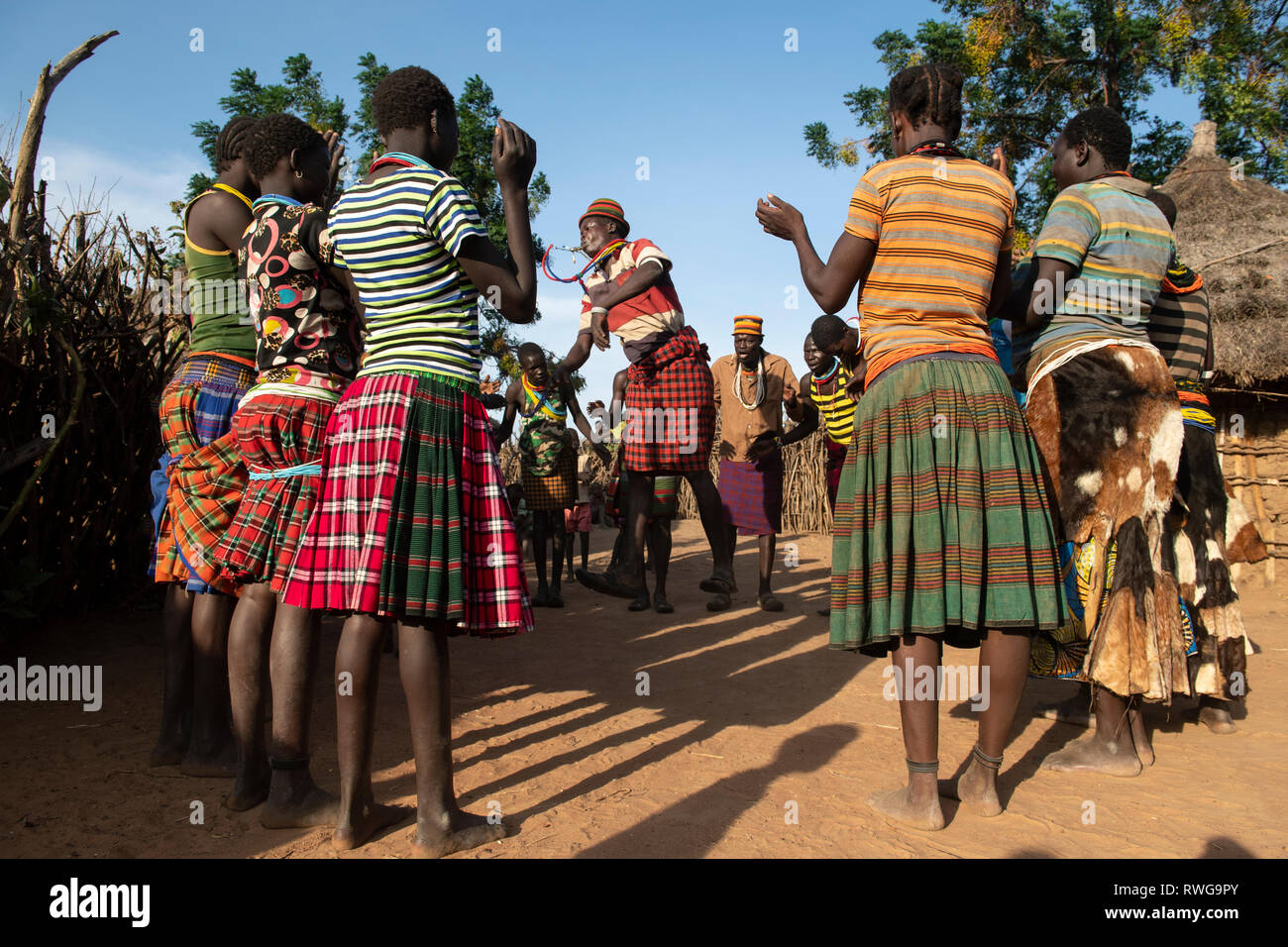 Traditional Karamojong dancing in a village, northern Uganda Stock ...