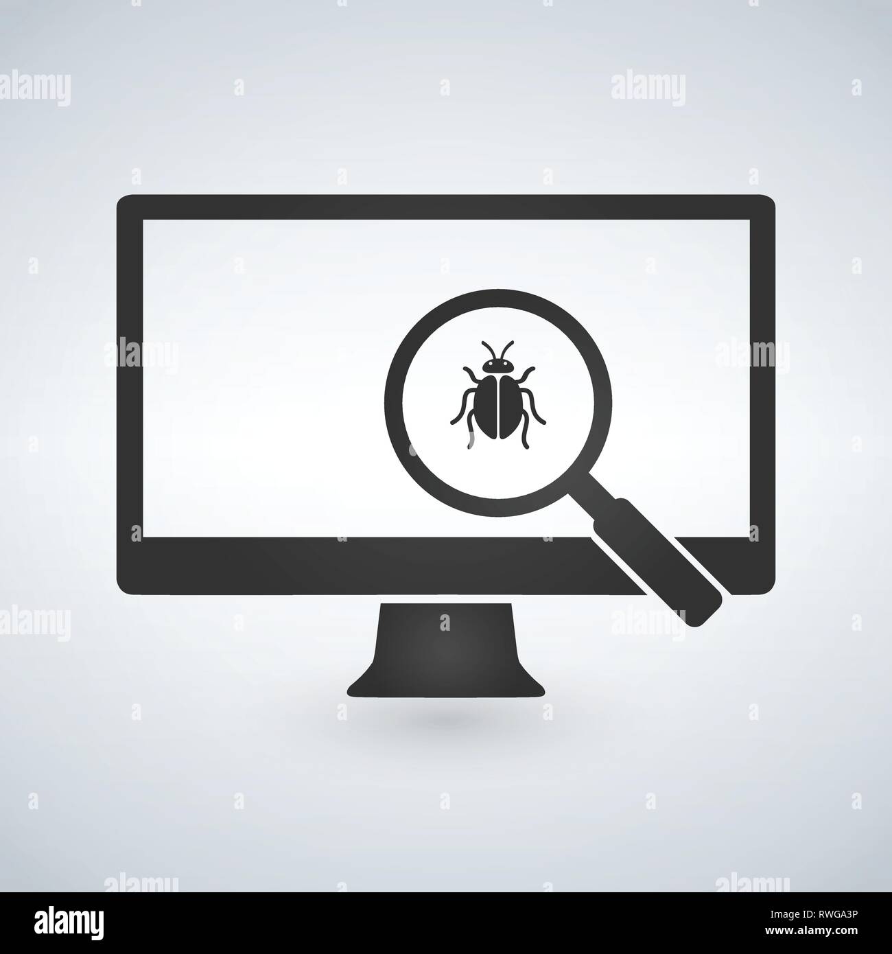 Computer monitor with magnifying glass and bugs. Virus concept. vector ...