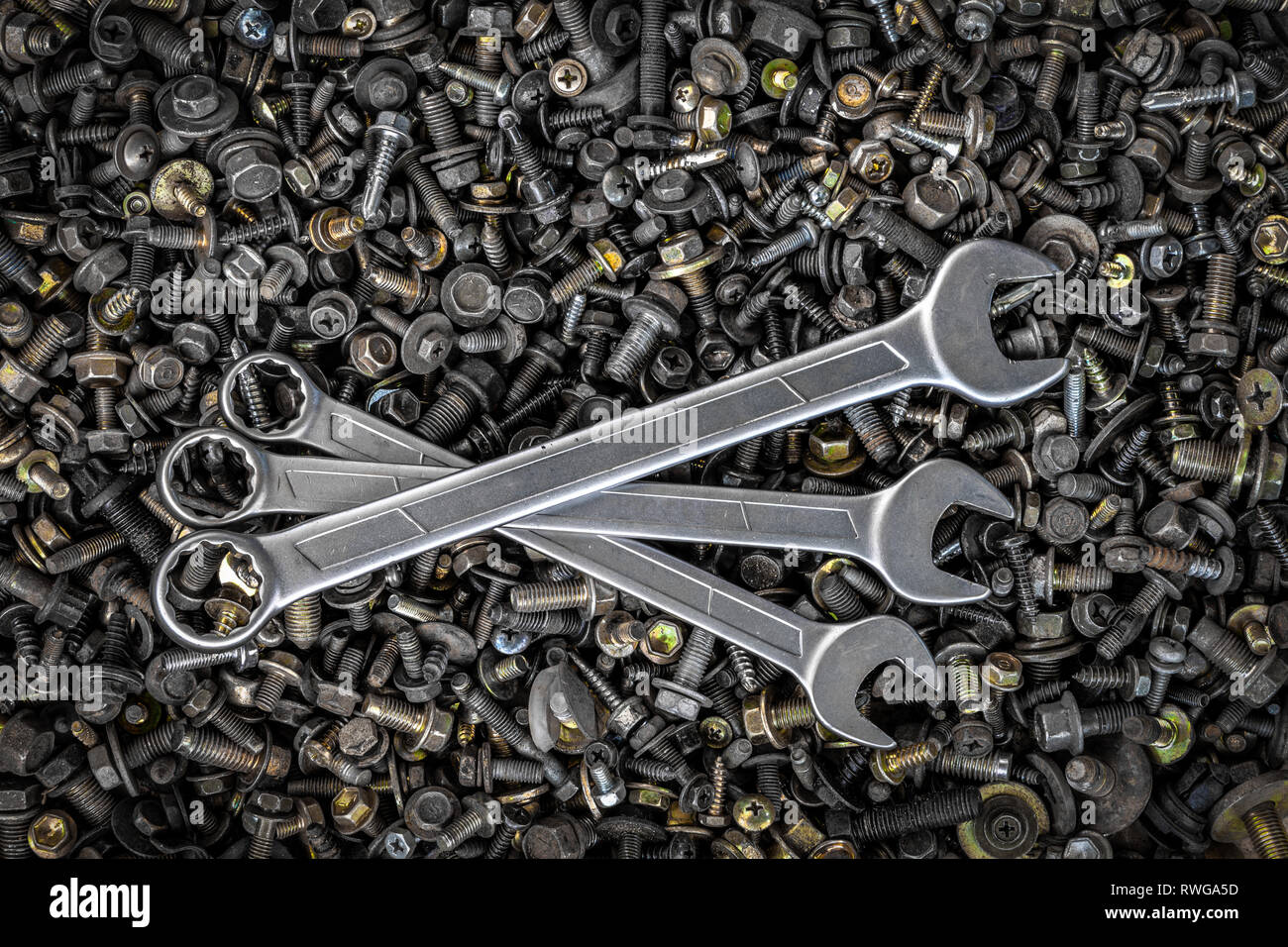 Flat Lay metal wrenches of different sizes lie on the background of ...