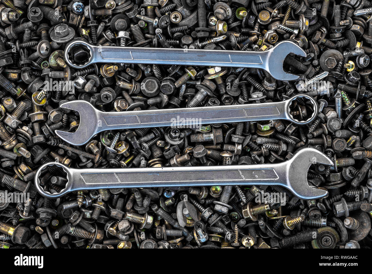 Flat Lay metal wrenches of different sizes lie on the background of ...