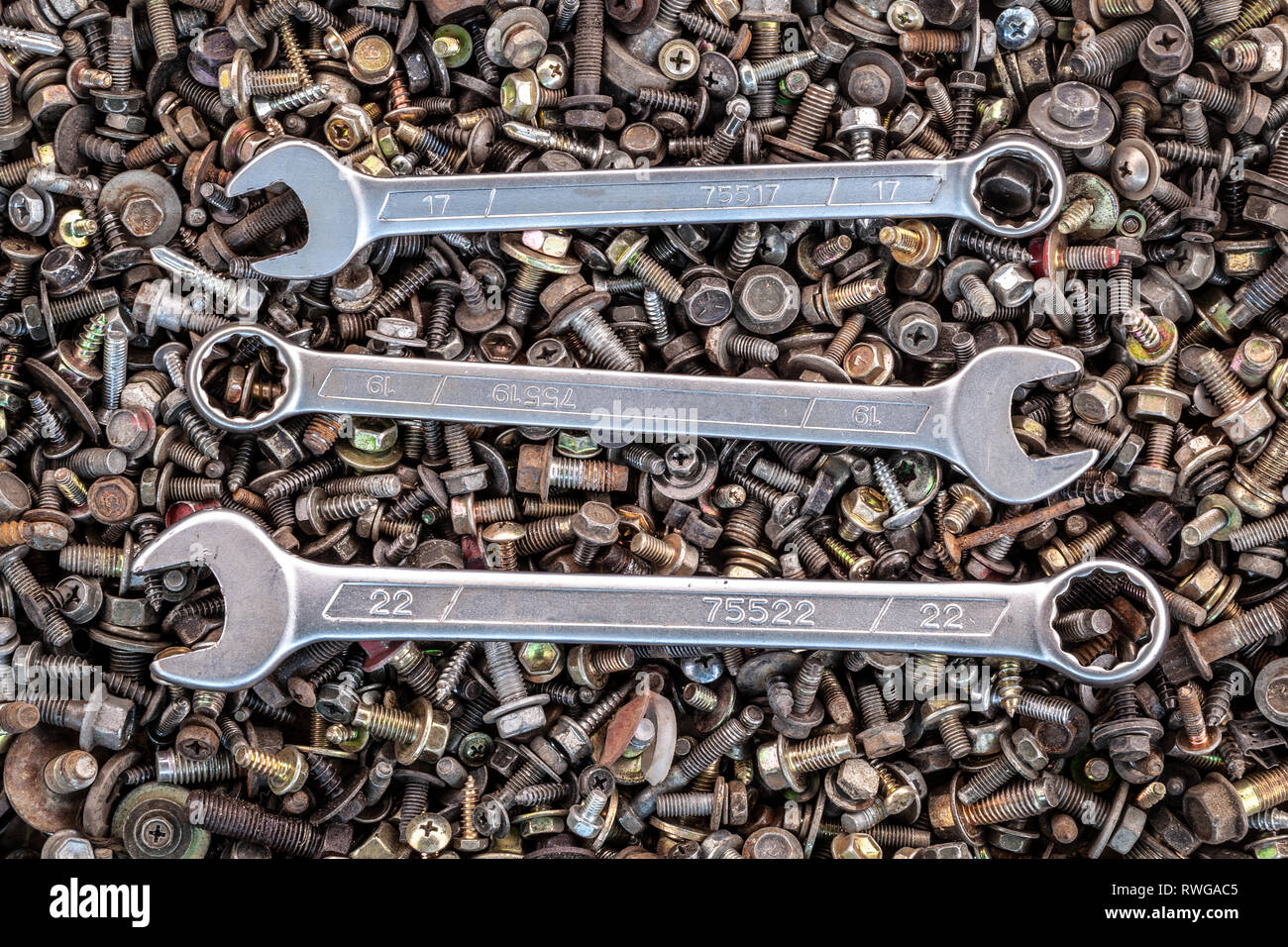 Flat Lay metal wrenches of different sizes lie on the background of ...