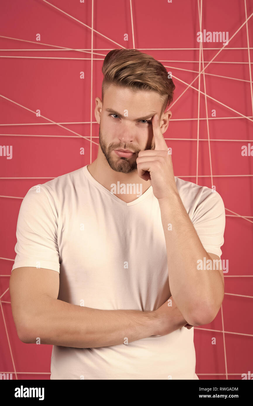 Masculinity concept. Man with bristle on thoughtful face, pink ...