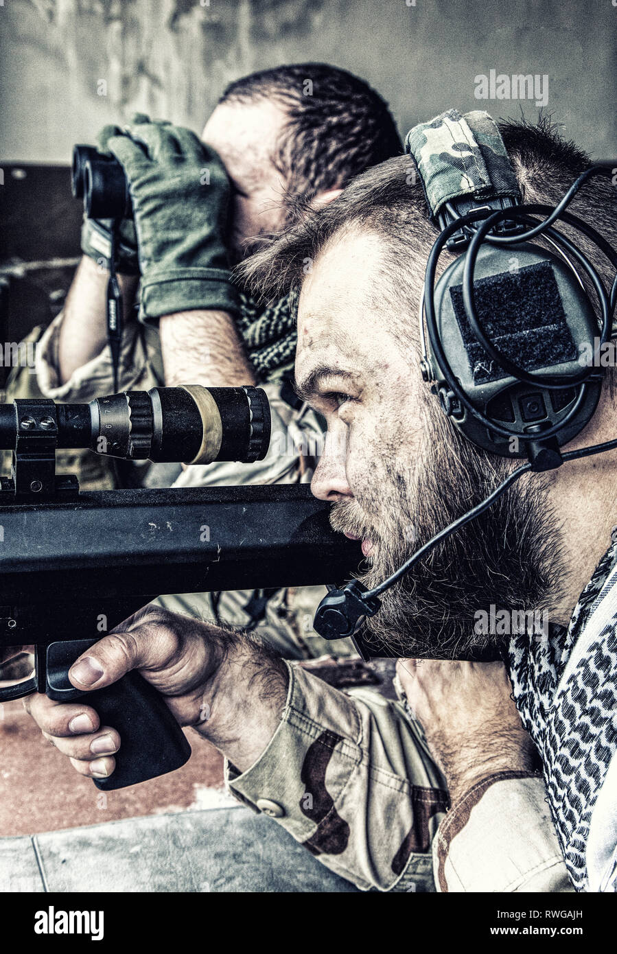 Navy SEAL sniper team engaging targets from a ruined building with a ...