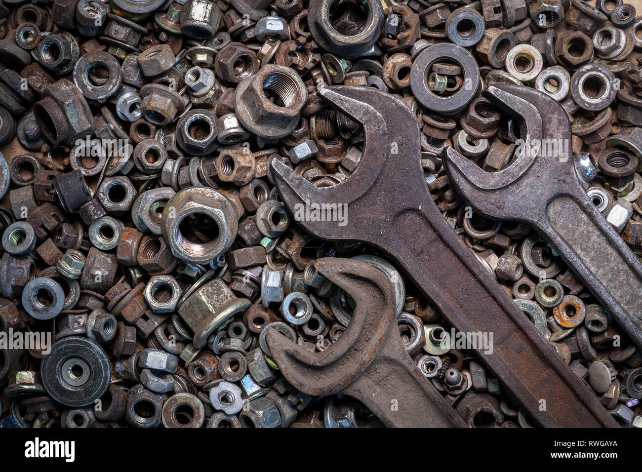Flat Lay metal wrenches of different sizes lie on the background of ...