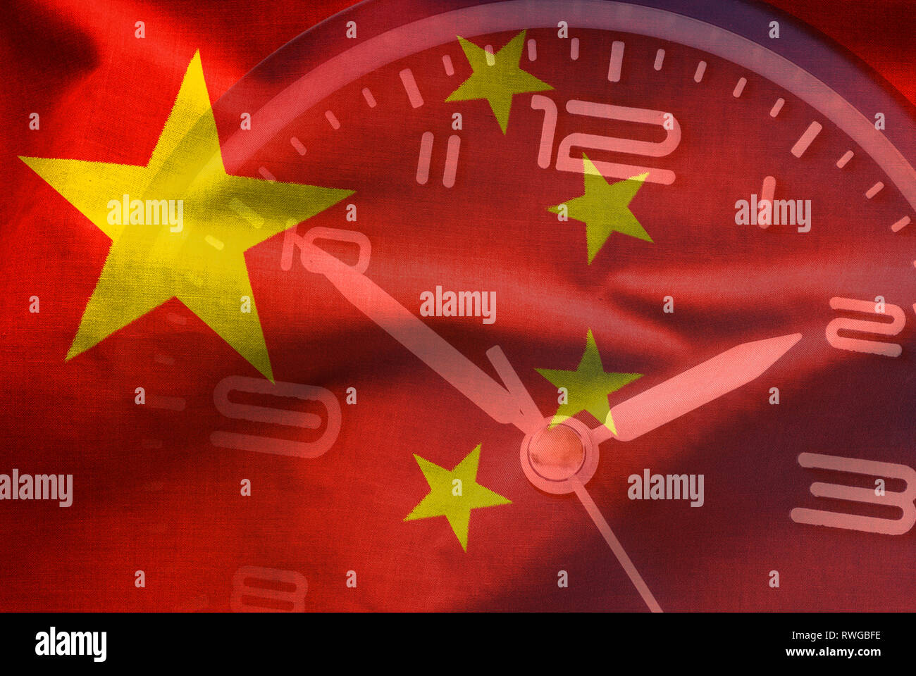 Composite overlay of the Chinese flag and a clock dial depicting the ...