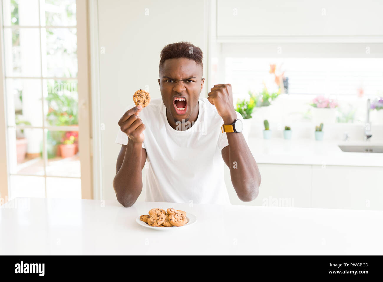 Young african american man eating chocolate chips cookies annoyed and ...