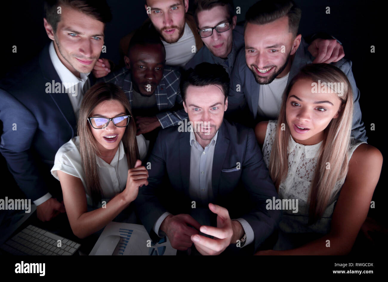 corporate team of employees looking at the computer screen Stock Photo ...