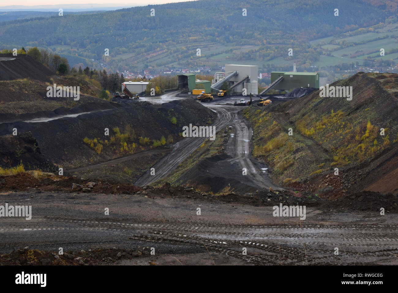 The basalt pit Bauersberg. Rhoen, Bavaria, Germany. Overview with ...