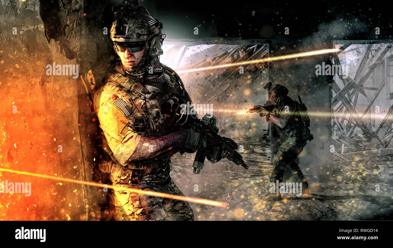 Army soldiers in action in ruined building Stock Photo - Alamy